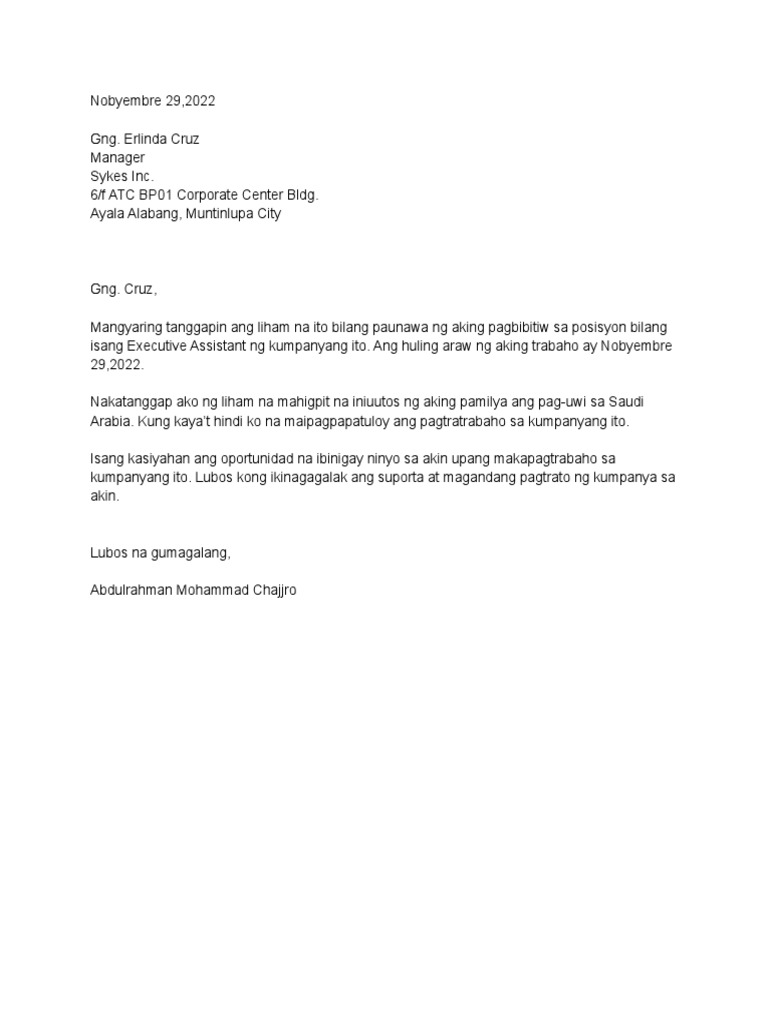 5.b. Liham Pagbibitiw | PDF