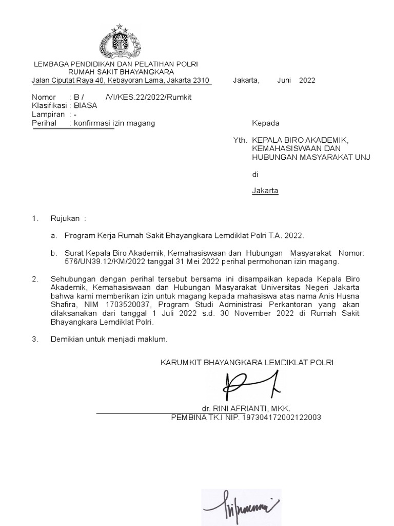 SURAT Balasan UNJ (Anis Husna Shafira) | PDF