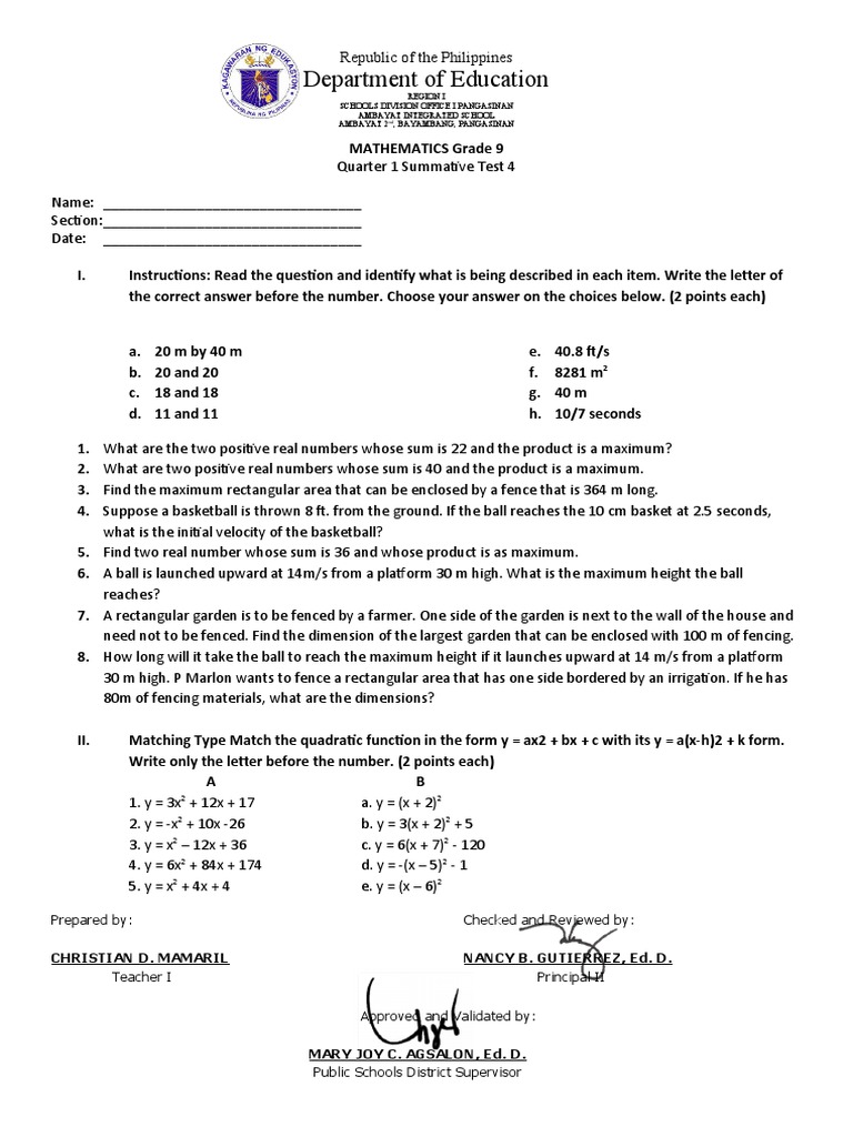 Quarter 1 Summative Test 3 in Math 9 | PDF | Summation | Mathematics