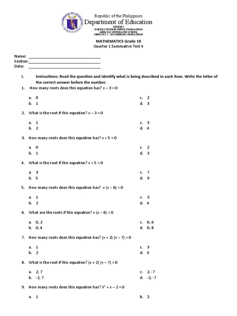 Grade 10 Mathematics Quarter 1 Test | PDF | Mathematical Concepts ...