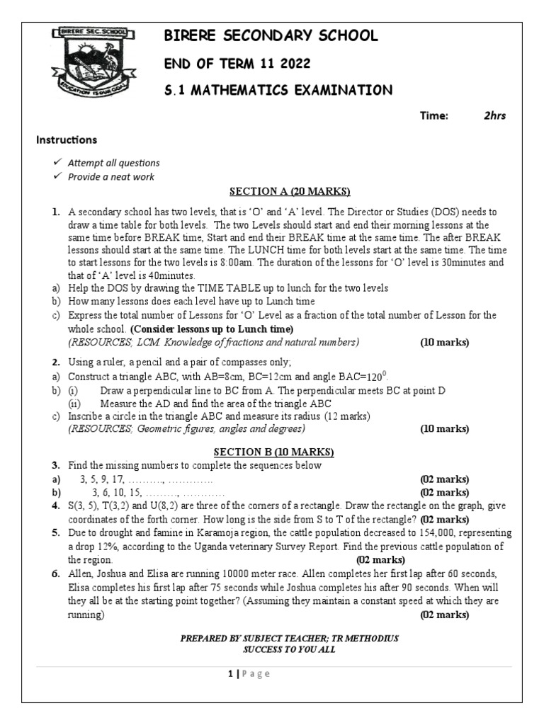 S1 Mathematics Exam Term 2 2022 | PDF | Triangle | Elementary Mathematics
