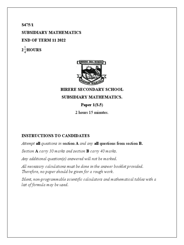 S5 Subsidiary Mathematics Exam Paper | PDF | Logarithm | Equations