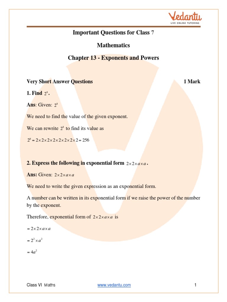 Important Questions For CBSE Class 7 Maths Chapter 13 | PDF | Exponentiation | Numbers