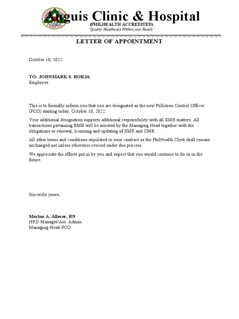 PCO Appointment Letter for Johnmark Borja | PDF | Finance & Money ...