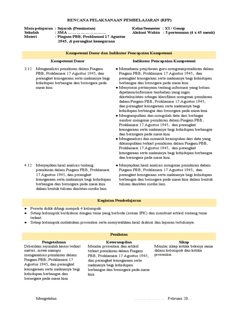 RPP Sejarah: Piagam PBB & Proklamasi | PDF