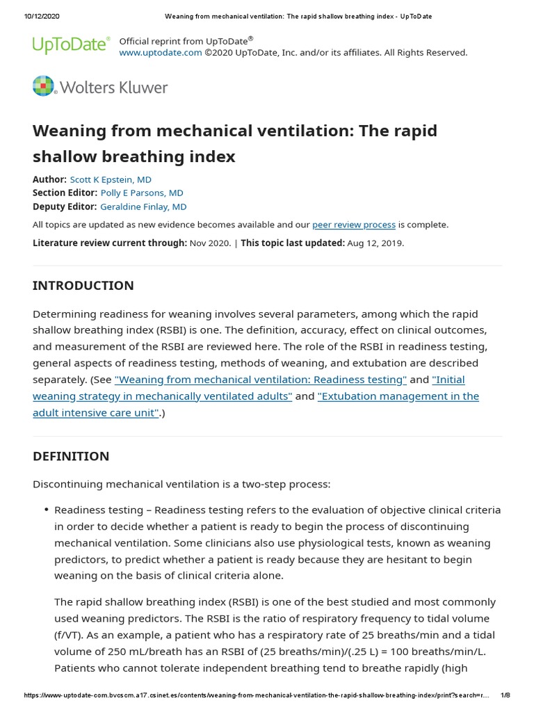 Weaning From Mechanical Ventilation - The Rapid Shallow Breathing Index - UpToDate | PDF ...
