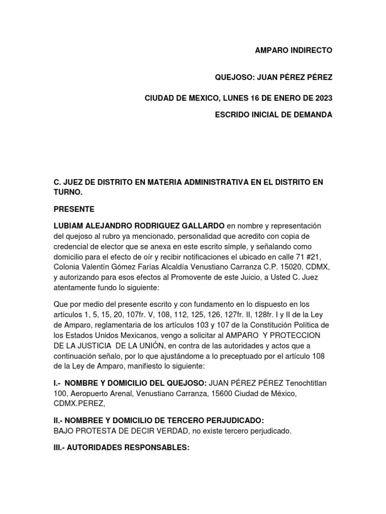 Demanda de Amparo Indirecto - Escrito Inicial | PDF | Debido al proceso ...