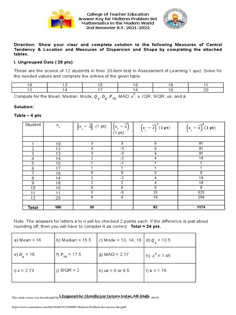 MMW Midterm Problem Set Answer Key | PDF | Science | Statistics