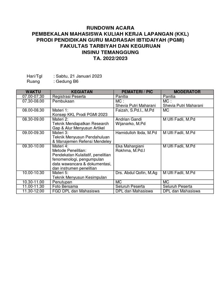 Rundown Acara Pembekalan KKL Mahasiswa | PDF | Seni | Komputer