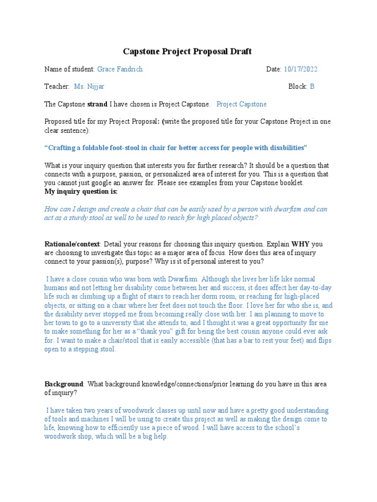 Draft Capstone Proposal | PDF | Woodworking | Chair