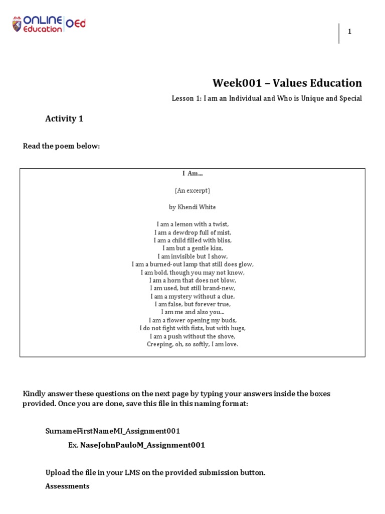 Values education poem about uniqueness | PDF
