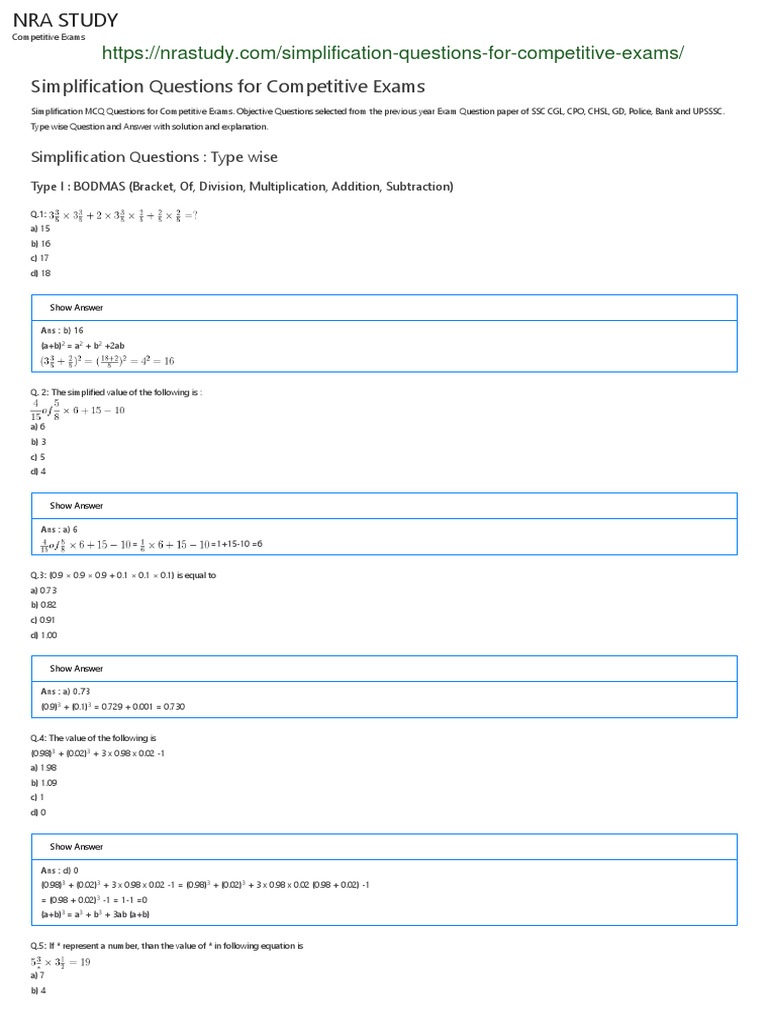 Simplification Questions For Competitive Exams | PDF | Mathematical ...
