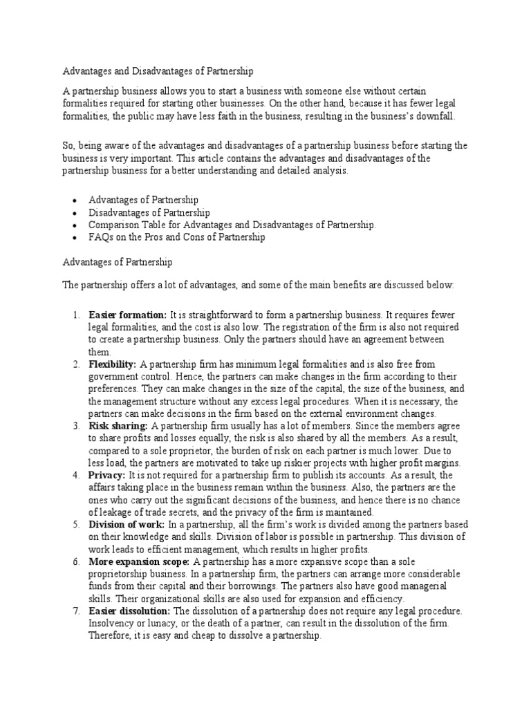 Partnership Business: Pros and Cons | PDF | Partnership | Sole ...