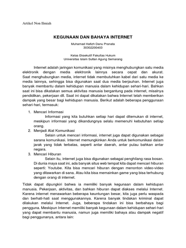 Artikel Non Ilmiah Kegunaan Dan Bahaya Internet | PDF | Komputer