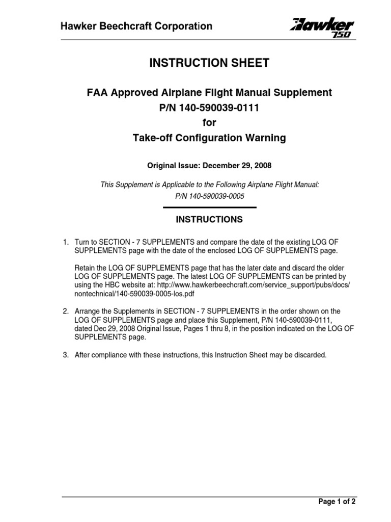 Instruction Sheet: FAA Approved Airplane Flight Manual Supplement P/N ...