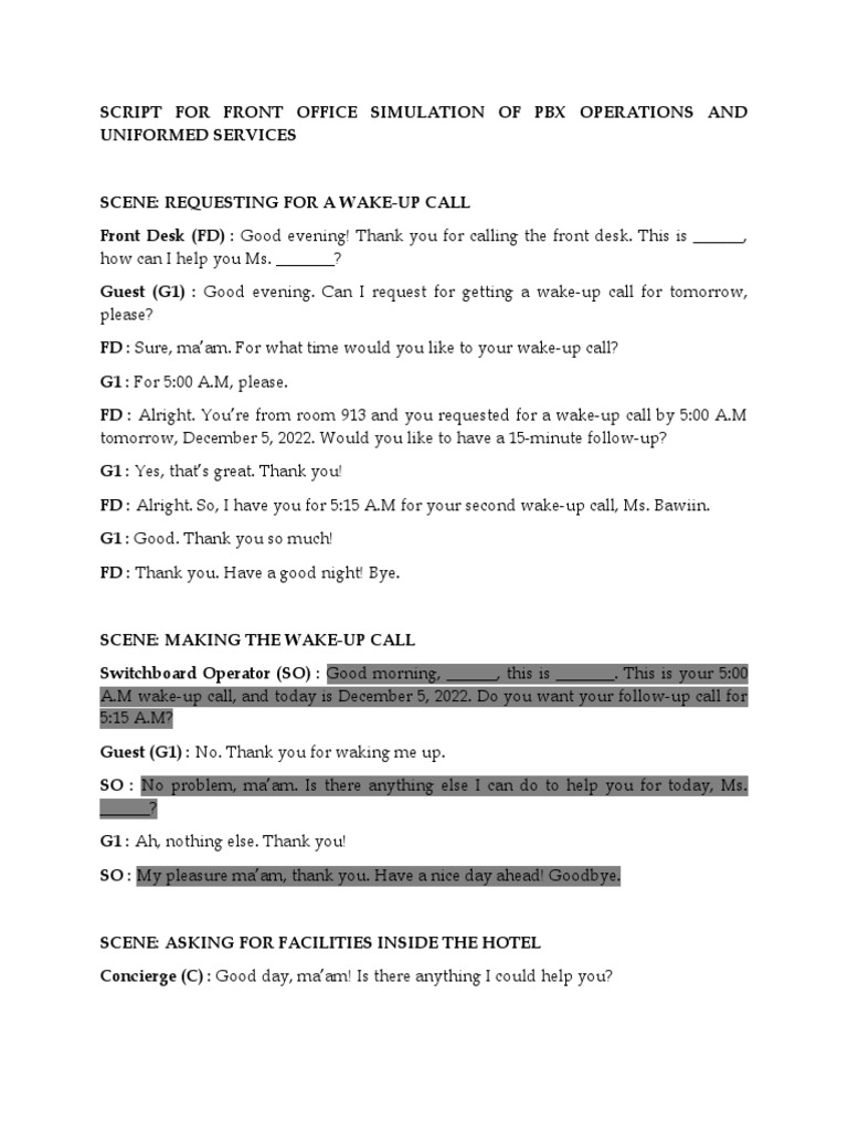 Script For Front Office Simulation of PBX Operations | PDF