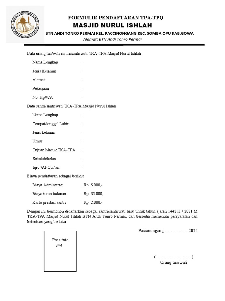 Formulir Pendaftaran TK | PDF