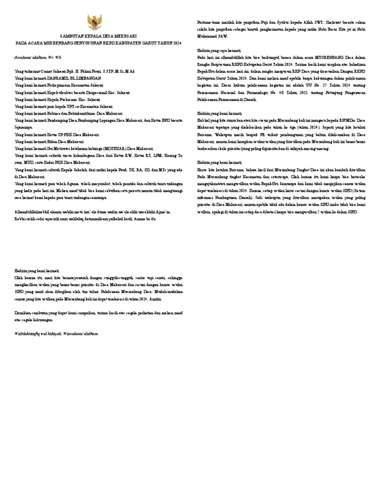 Sambutan Kepala Desa Pada Musrenbang Desa Tahun 2024 | PDF | Agama ...