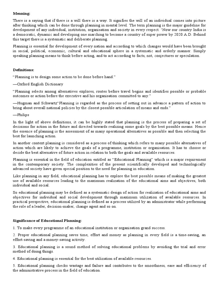 Types and Significance of Educational Planning | PDF | Curriculum ...