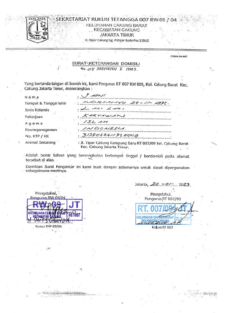 Surat Keterangan Domisili Dari RT RW | PDF