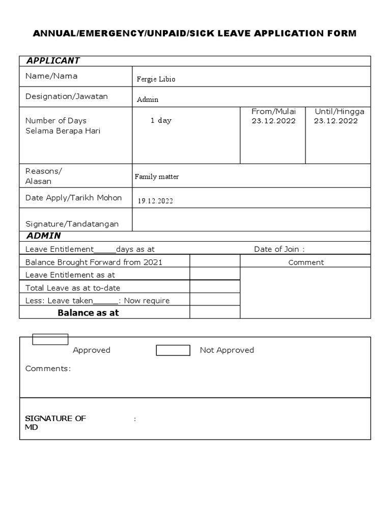 Request for a One-Day Paid Sick Leave Due to a Family Matter on ...