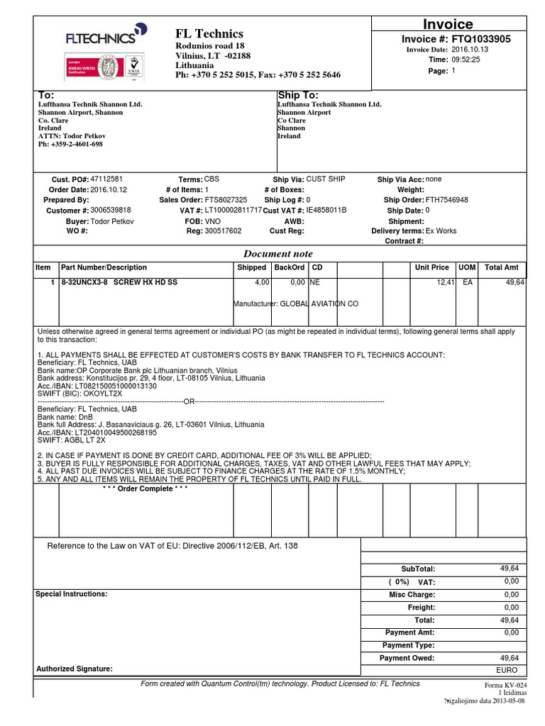 FTQ1033905 | PDF | Value Added Tax | Invoice