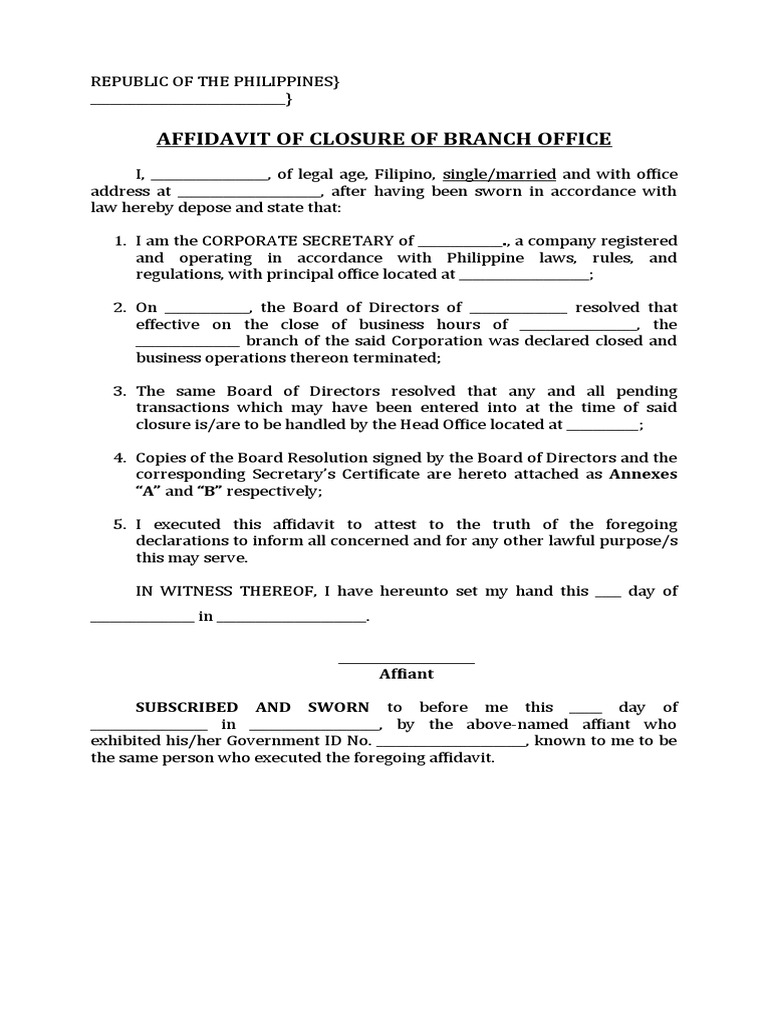 Affidavit of Closure of Branch Office | PDF | Finance & Money ...