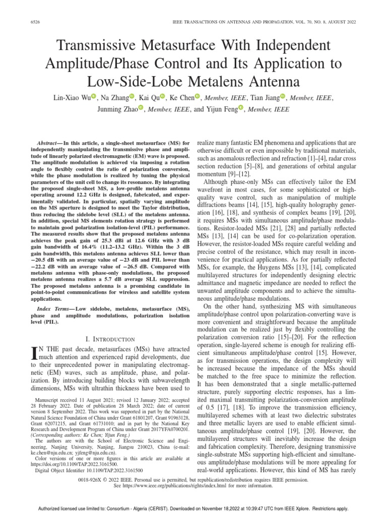 Transmissive Metasurface With Independent Amplitude Phase Control and ...