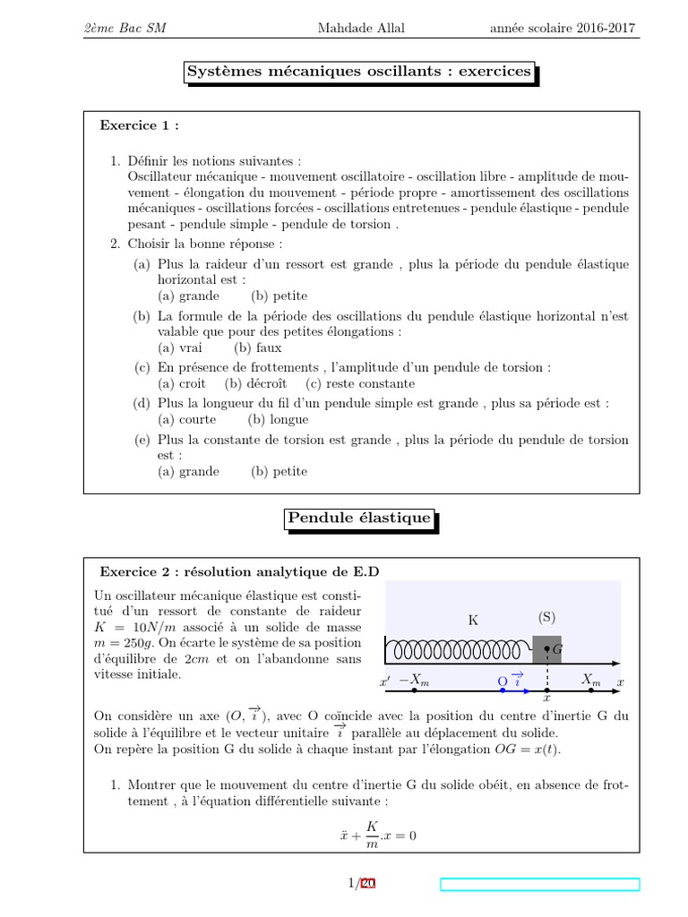Pendule Elastique Exercices Non Corriges 2 1 | PDF | Pendule (physique) | Ingénierie mécanique