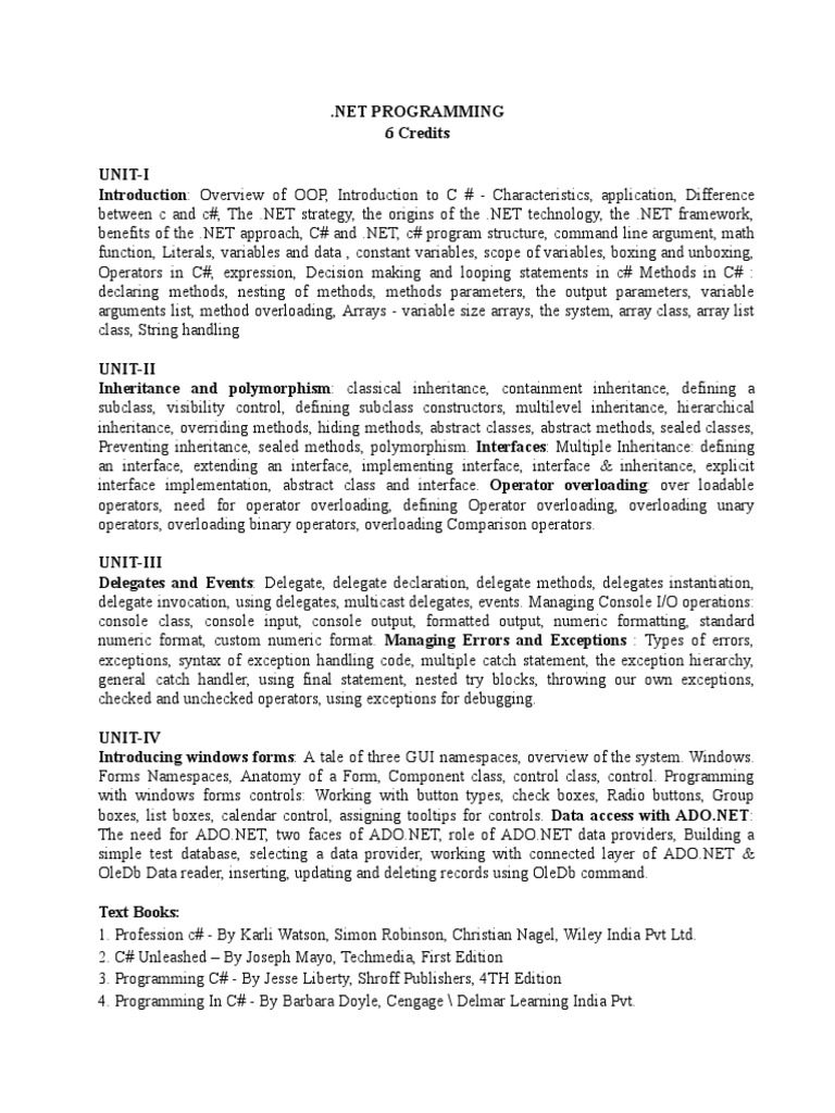 .NET Programming Unit-1 | PDF | C Sharp (Programming Language) | Class (Computer Programming)