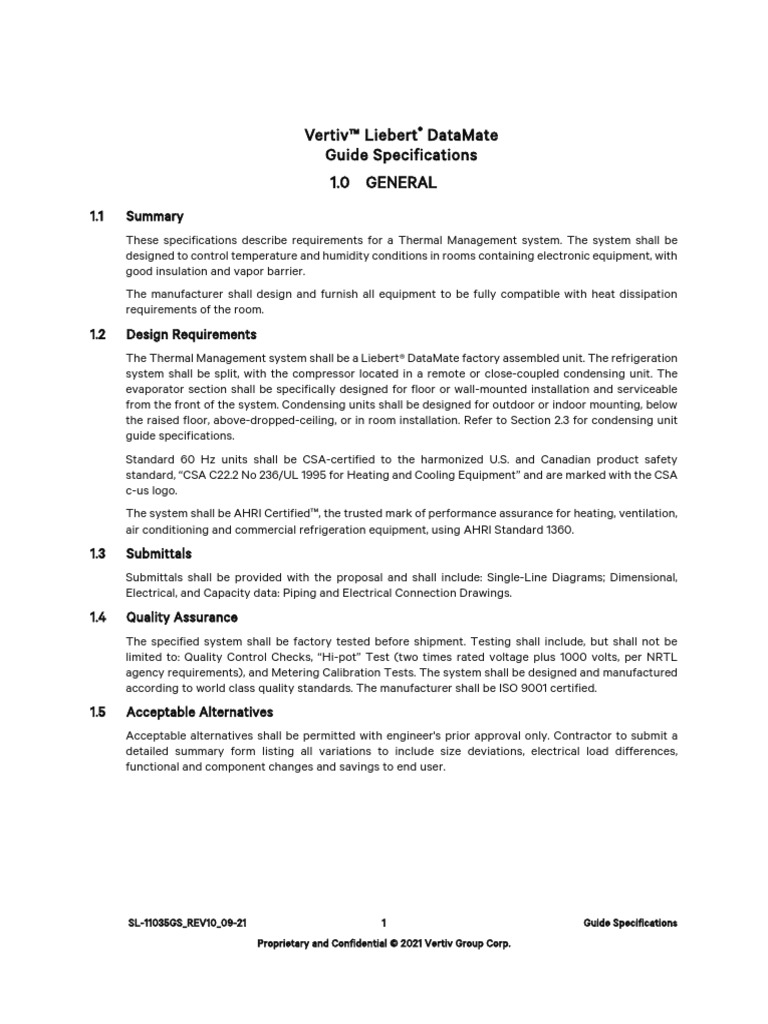 Liebert Datamate 1.5 To 3 Ton Guide Specifications - 00 | PDF | Valve ...