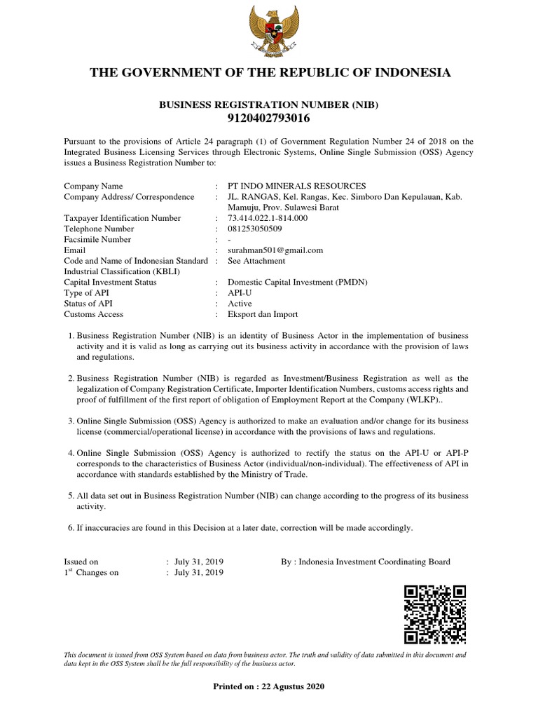 'Nib Dan Lampiran Edisi English 2 Hal | PDF | Justice | Crime & Violence