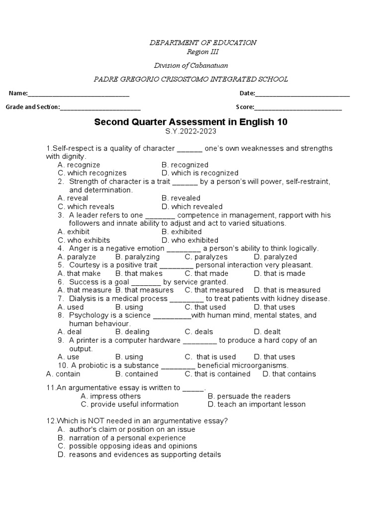 Grade 10 English 2nd Quarter Exam Guide | PDF | Essays | Reason