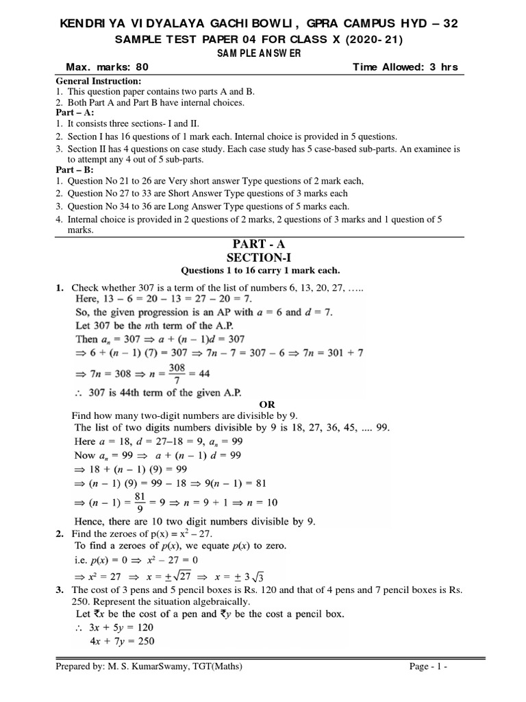 Maths Class X Sample Test Paper 04 For Board Exam 2020 21 Answers 1 ...