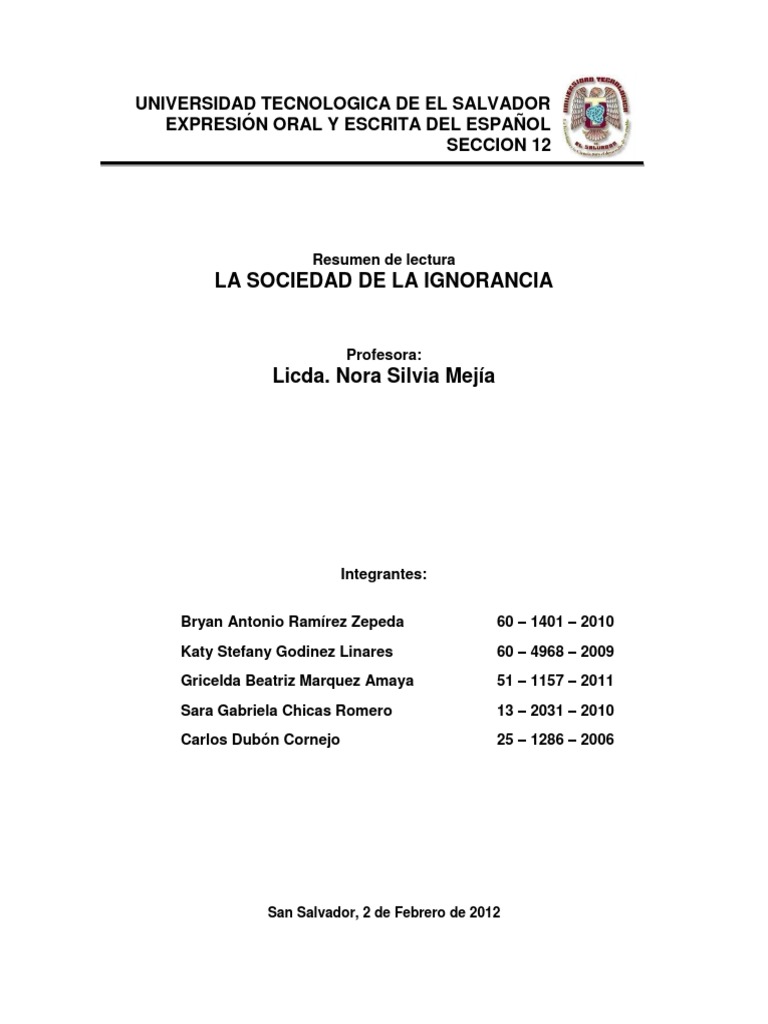 La Sociedad De La Ignorancia Pdf Conocimiento Razón