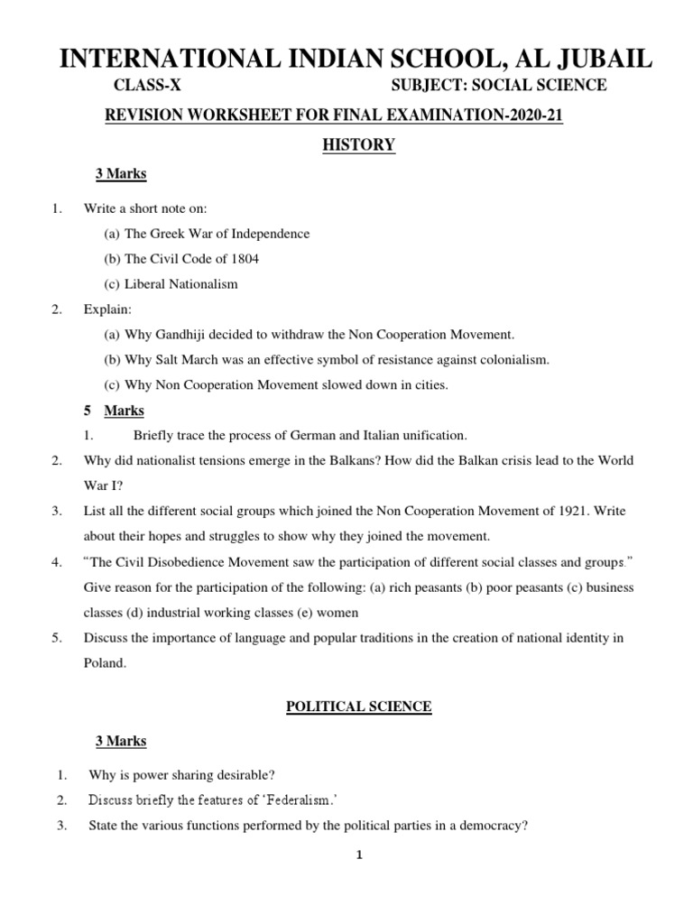Class 10 Revision Worksheet Social Science-2020-21 | PDF | Civil ...