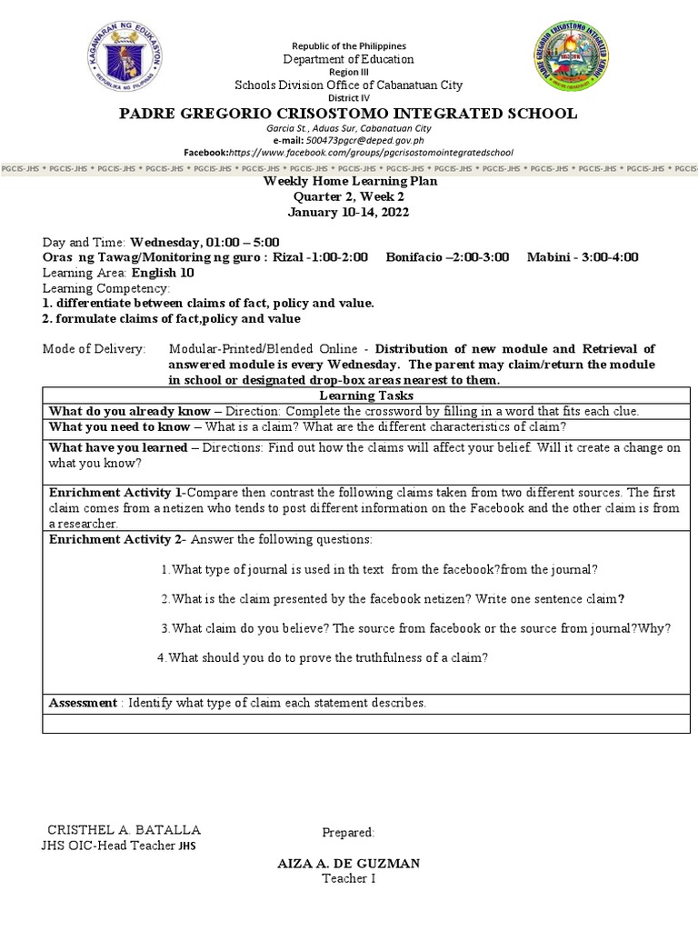 Padre Gregorio Crisostomo Integrated School Weekly Learning Plan | PDF | Learning | Cognitive ...