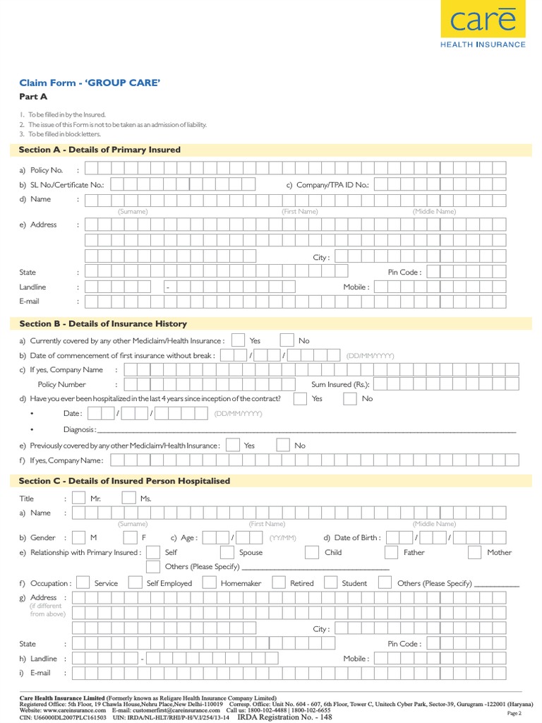 Care Health Claim Form | PDF | Hospital | Insurance