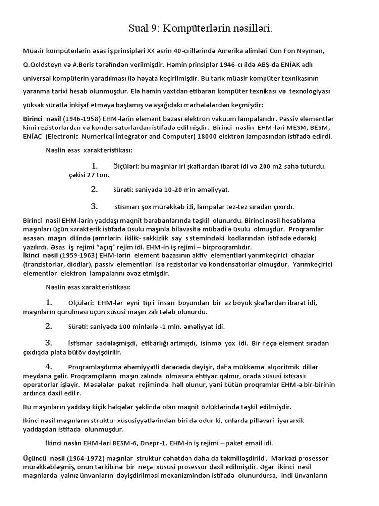Sual 9-Komputerlərin Nəsilləri | PDF