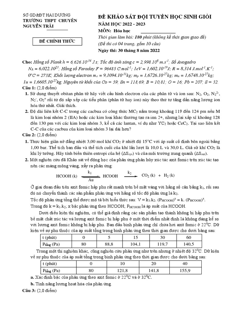 De Thi HSG Hoa Hoc 12 Nam 2022 2023 Truong Chuyen Nguyen Trai Hai Duong | PDF