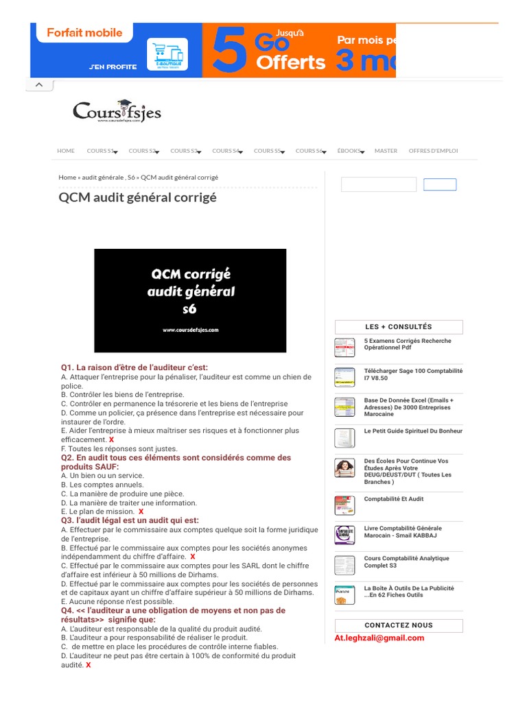 QCM Audit Général Corrigé - Cours Fsjes | PDF | Audit | Contrôle interne
