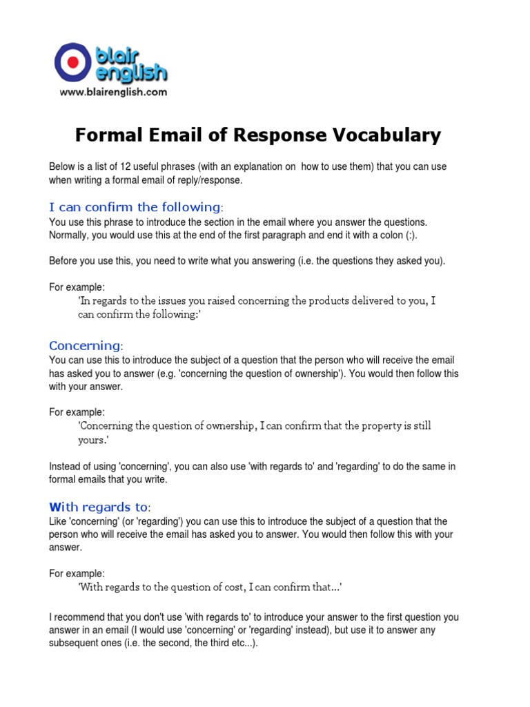 Email Response Vocabulary List | PDF | Question