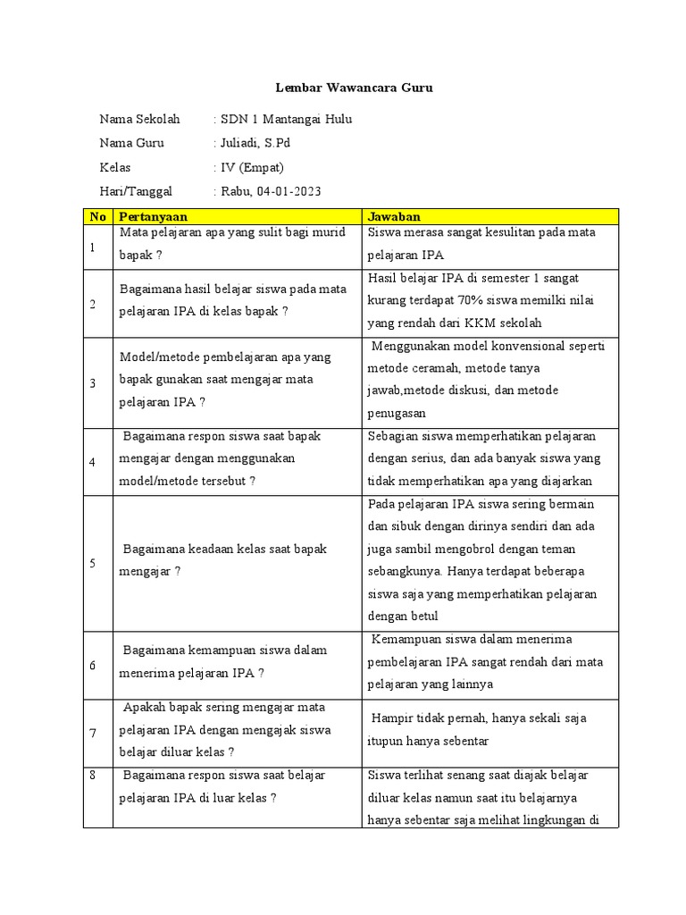 Lembar Wawancara Guru Kelas IV | PDF