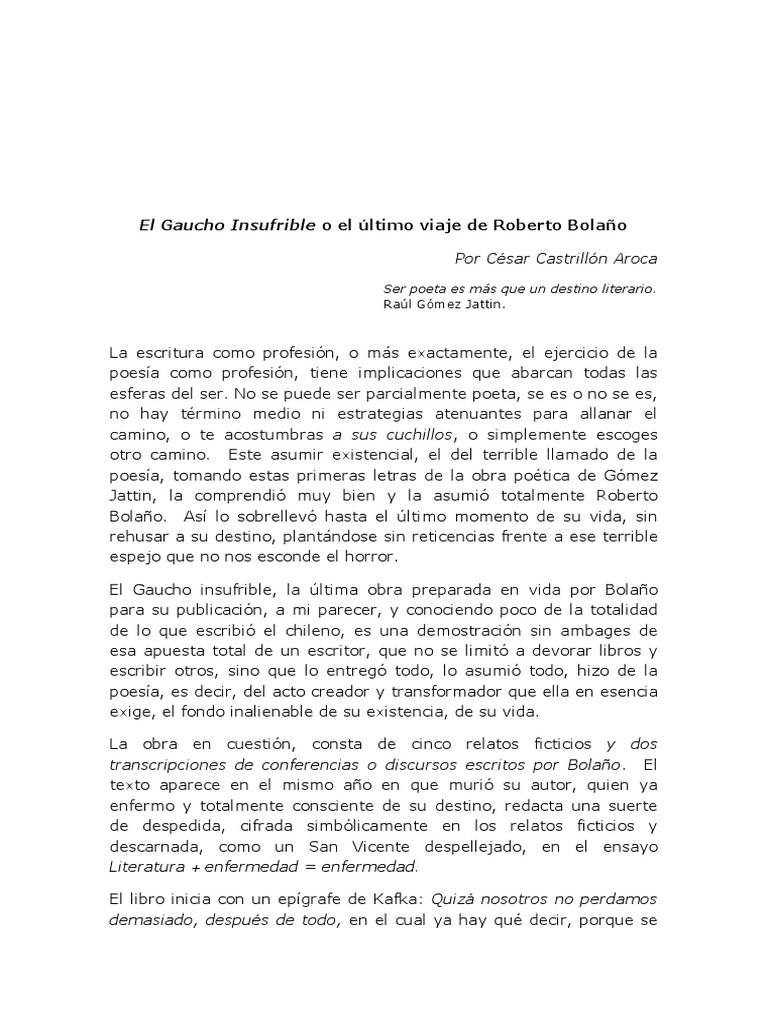 El Gaucho Insufrible o El Último Viaje de Roberto Bolaño | PDF ...