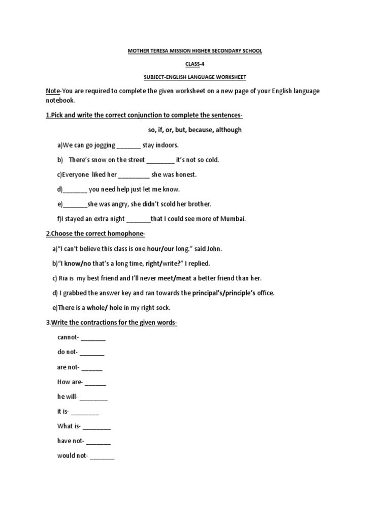 English Language Worksheet Class 4 | PDF