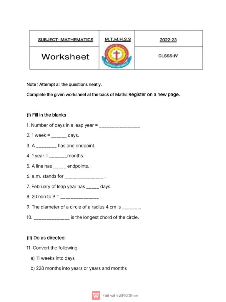 Class 4 Mathematics Worksheet | PDF