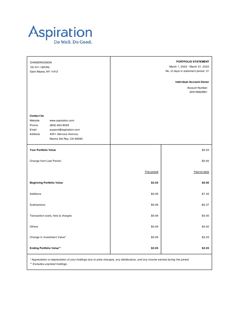 Aspiration Account Portfolio Statement | PDF | Banks | Federal Deposit ...