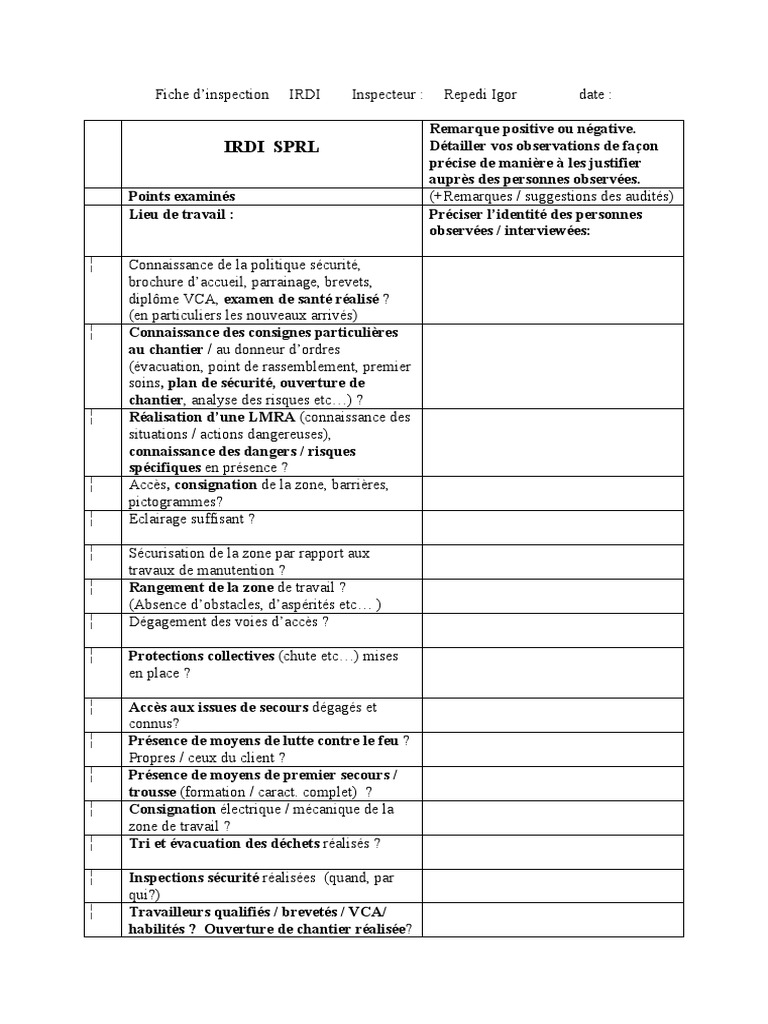 Fiche d'Inspection Sécurité Chantier | PDF | Sécurité