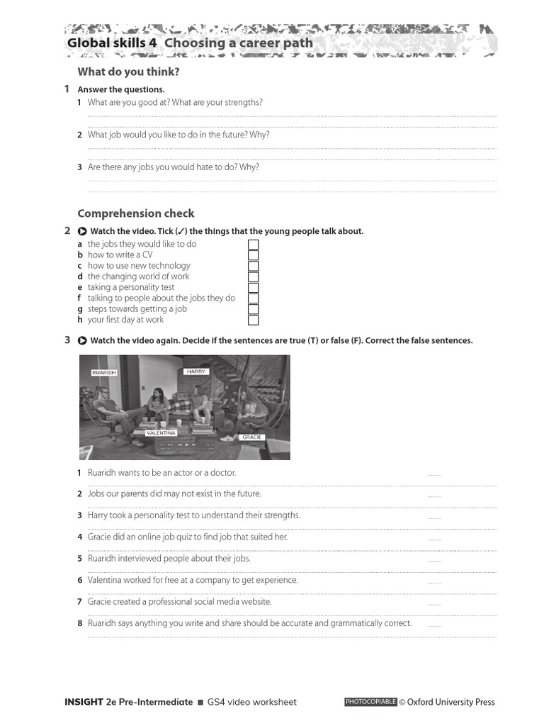 Insight2e Preint Global Skills 4 Video Worksheet | PDF
