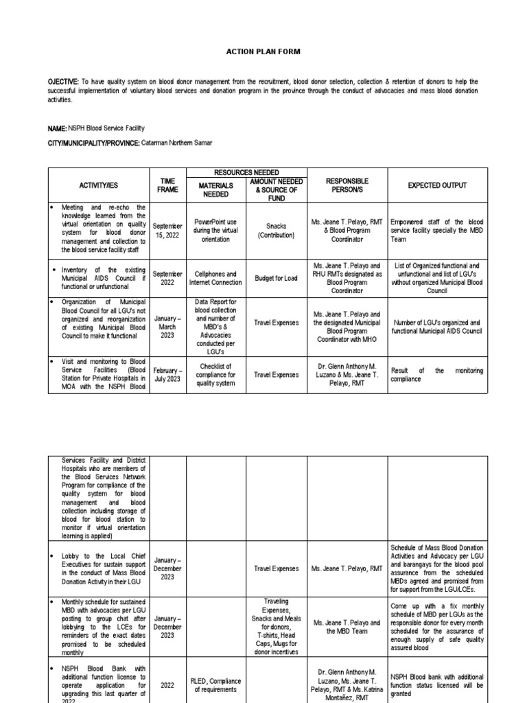 Action Plan Form | PDF | Blood Donation